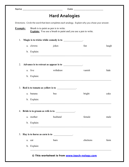 Analogies Worksheet High School