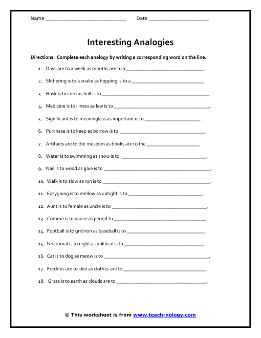 Analogies Worksheet High School