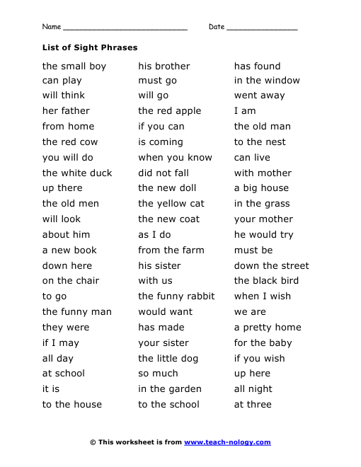 List Of Sight Phrases