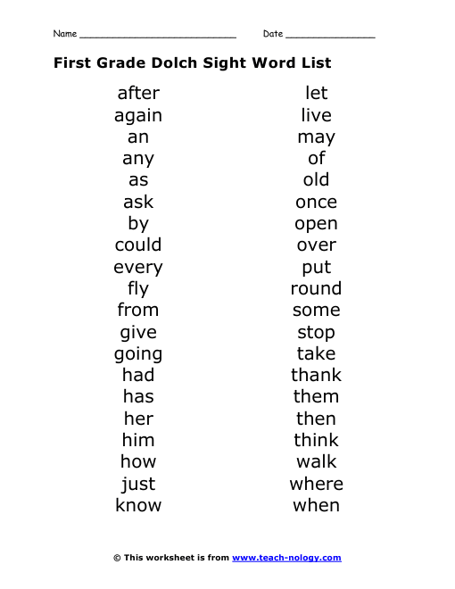 First Grade Dolch Sight Word List First Grade Dolch Sight Word List