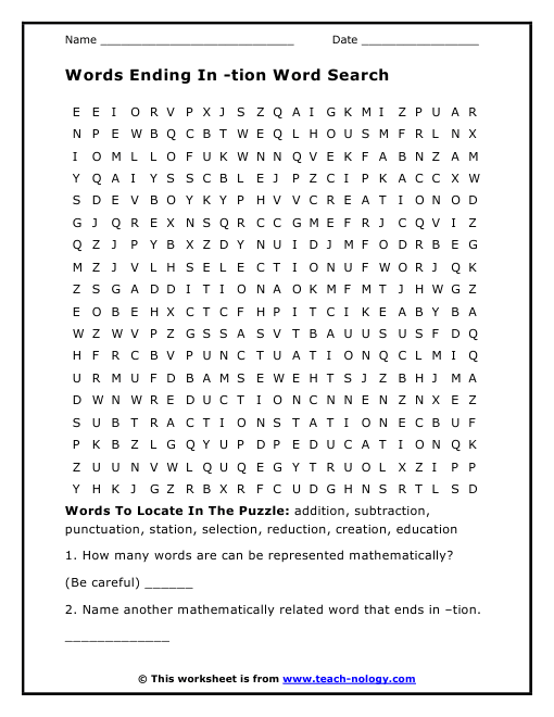 Words Ending In tion Word Search Words Ending In tion Word Search