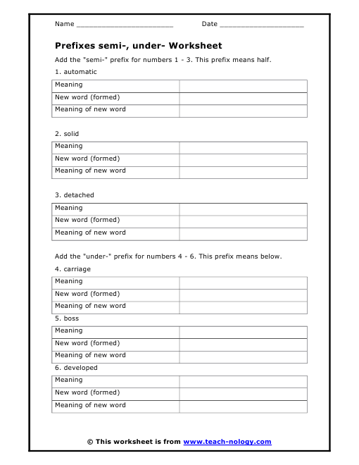 Prefixes Semi Under Worksheet prefixes-semi-under-worksheet