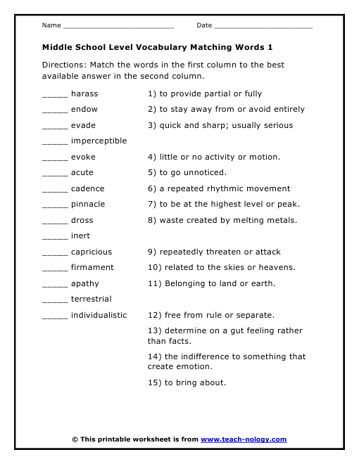 Middle School Level Vocabulary Matching Words 1 Middle School Level Vocabulary Matching Words 1