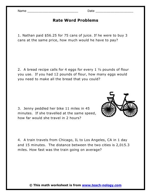 Rate Word Problems 6th Grade Math Websites