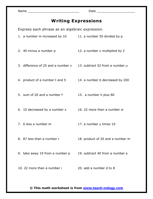Writing Expressions Home