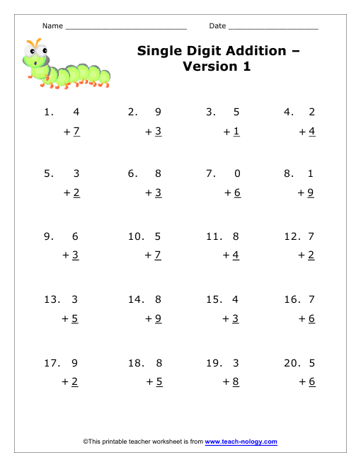 Single Digit Addition Version 1