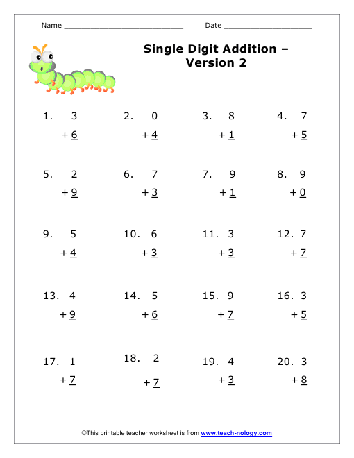 Single Digit Addition Version 2 Single Digit Addition Version 2
