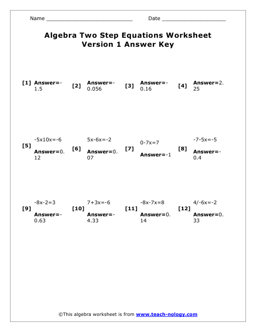 Two Step Equation Worksheet Version 1 Answer Key