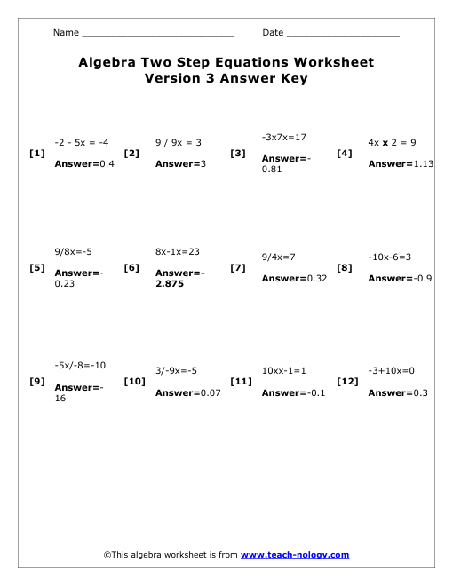 Two Step Equation Worksheet Version 3 Answer Key