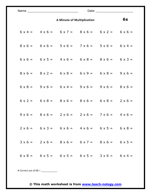 Multiplying By 6 Worksheet