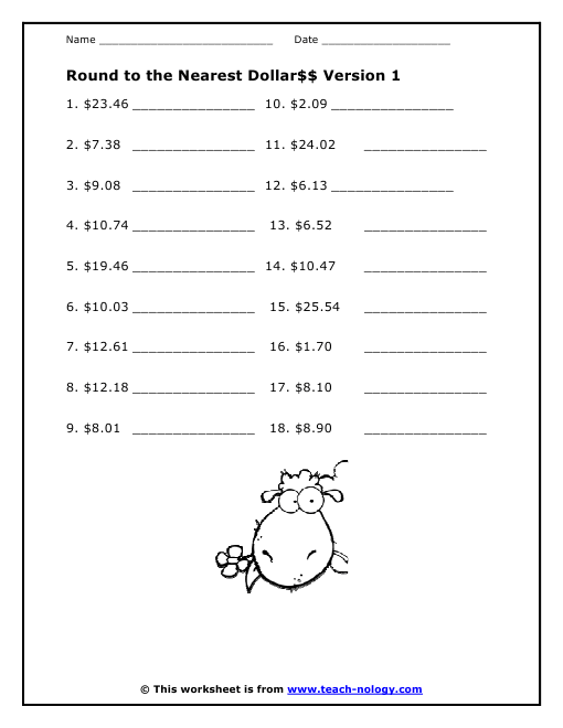 Round To The Nearest Dollar Worksheet