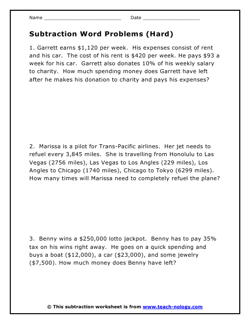 Subtraction Word Problems Hard 