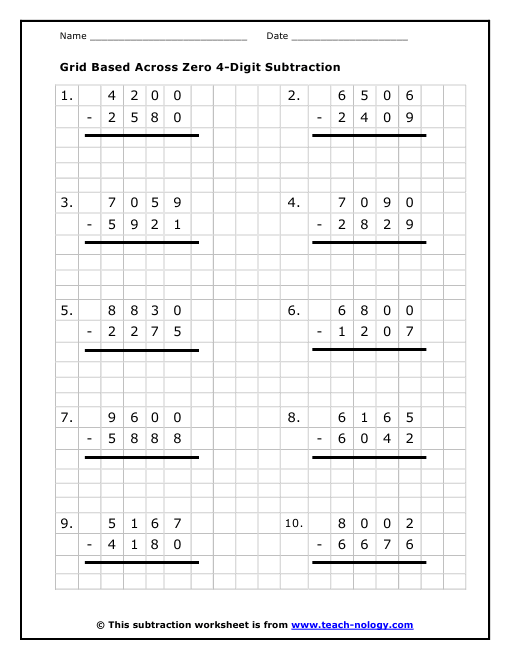 Grid Based Across Zero 4 Digit Subtraction
