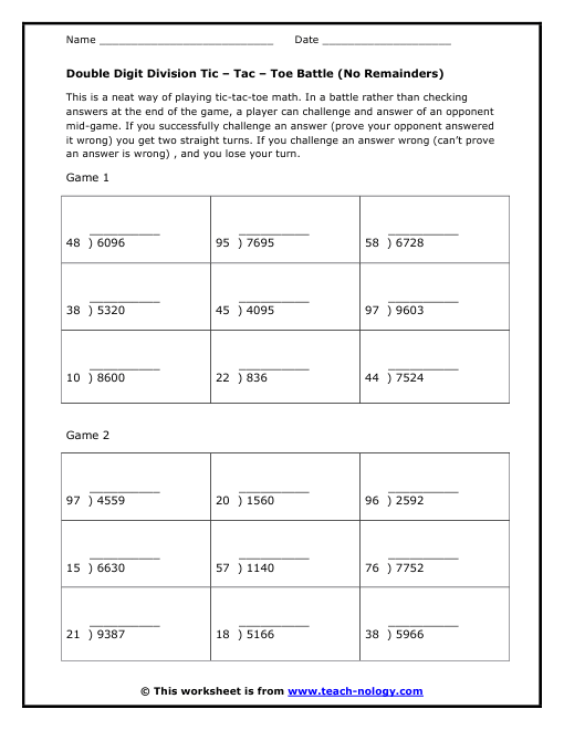 Double Digit Division No Remainders Game