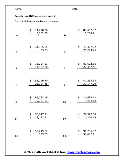 Calculating Differences of Money