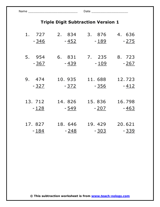 Triple Digit Subtraction (3 Versions)