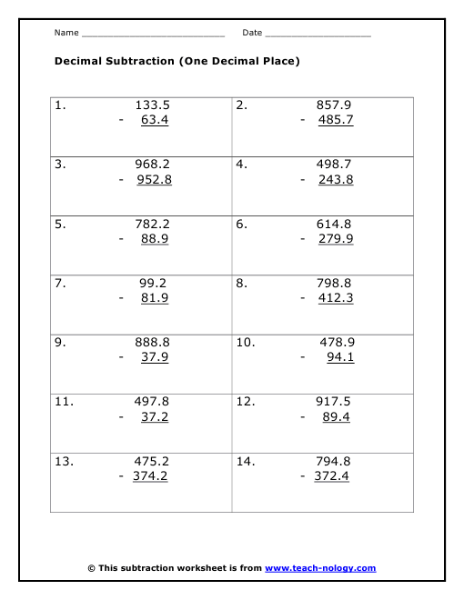 Decimal Subtraction (One Decimal Place)